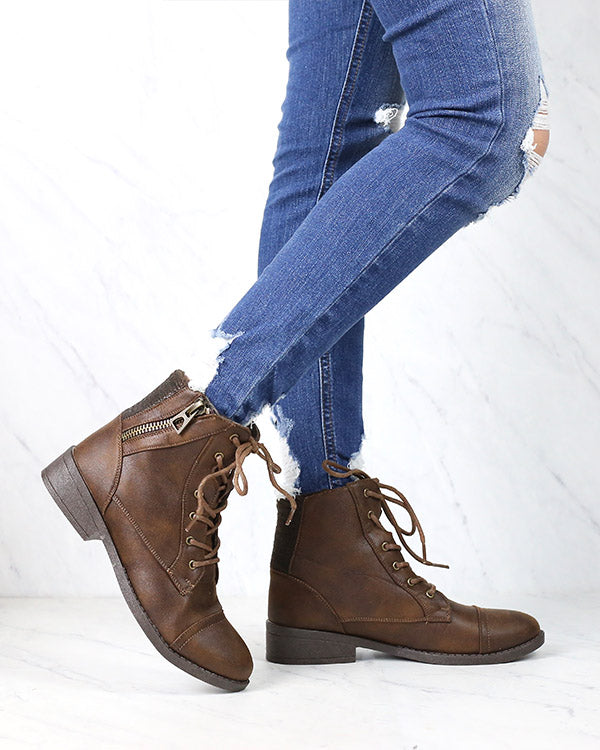 Ankle Sweater Cuff Bootie With Side Zipper Cognac | Qupid Plateau-121B ...