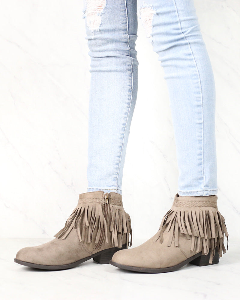 Faux Suede Fringe Western Inspired Boho Ankle Booties in Taupe – Shop ...
