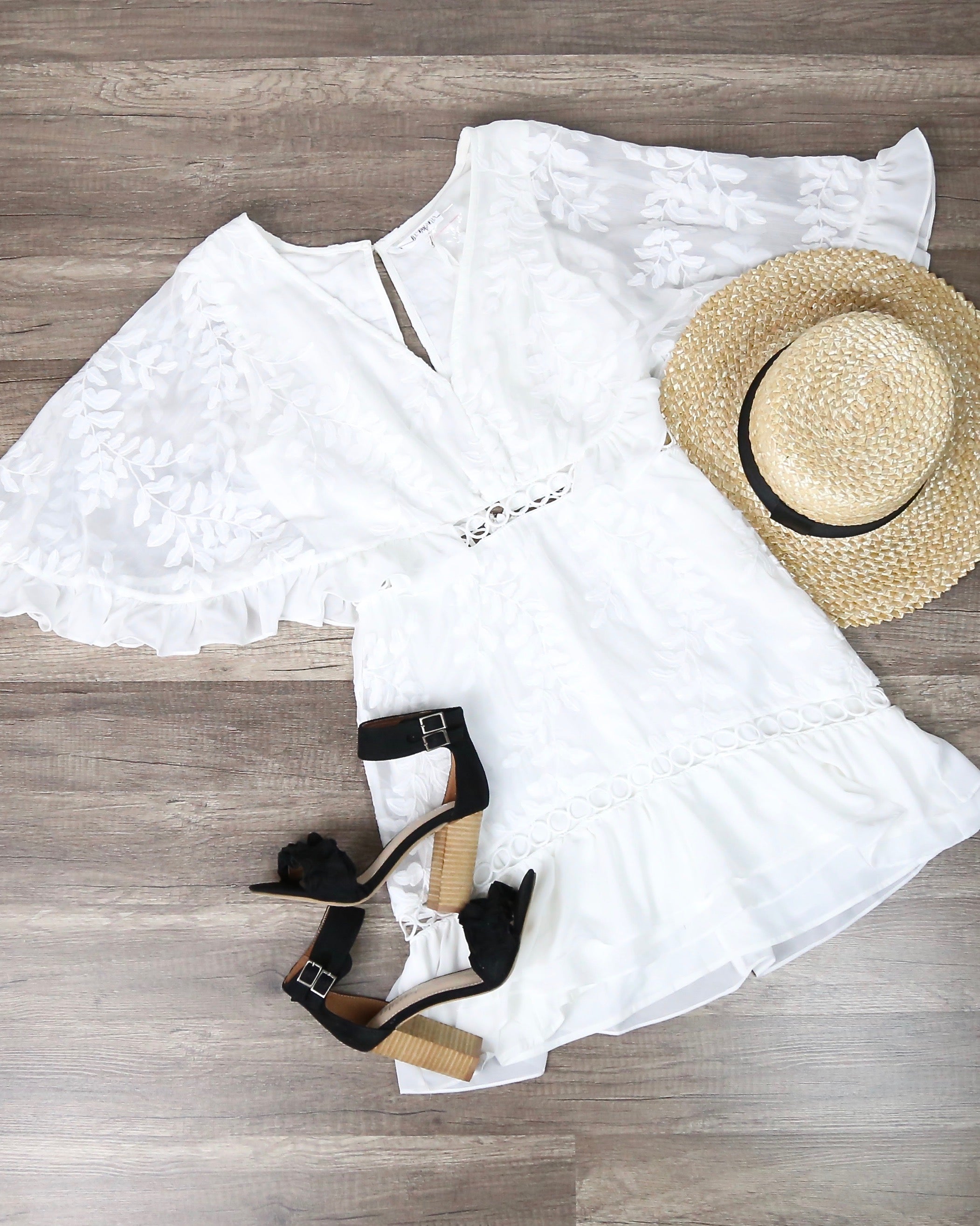 Not Without My Coffee Batwing Leaf Embroidered Ruffle Trim Mini Dress ...