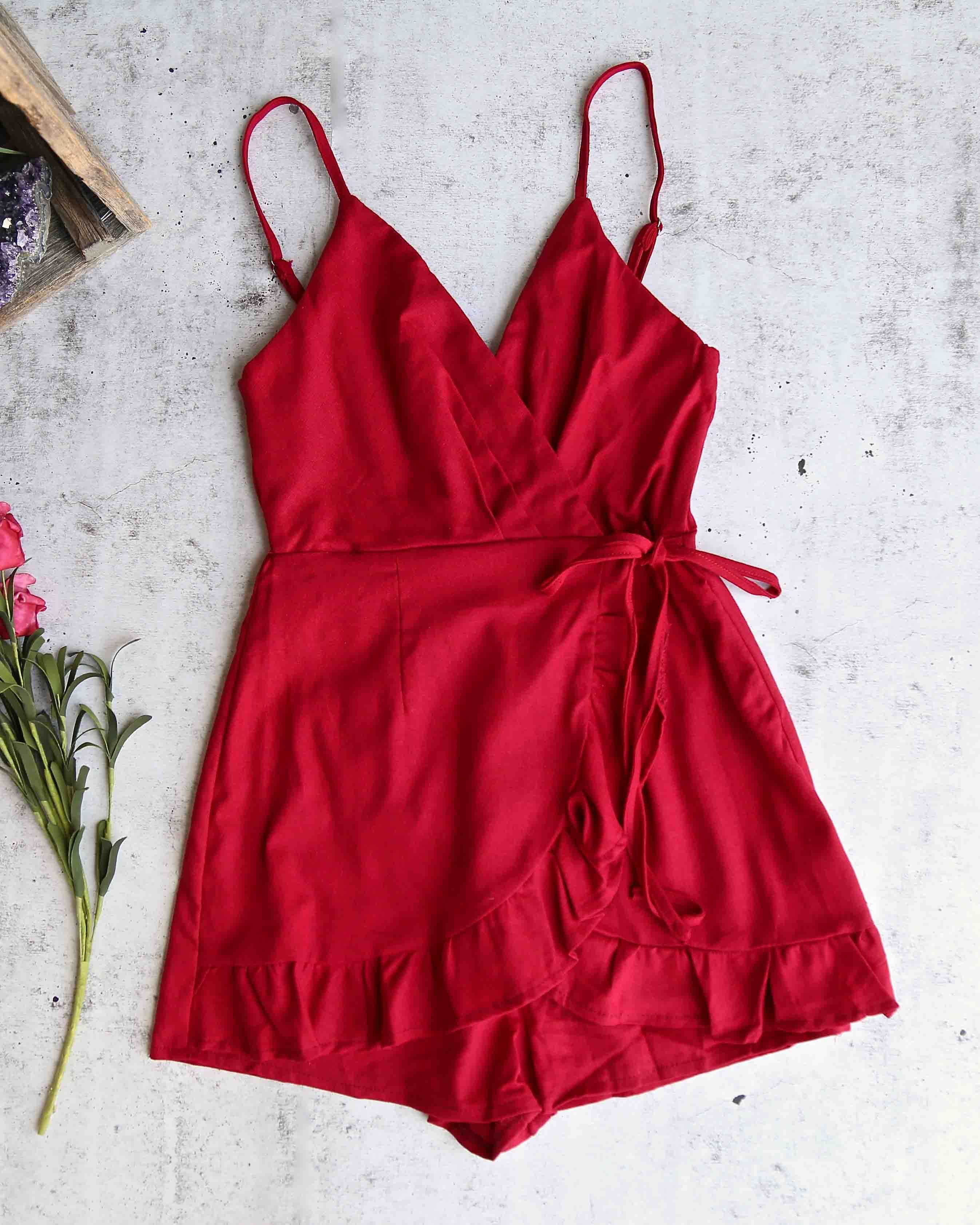 All The Things We Love Wrap Romper in Burgundy – Shop Hearts