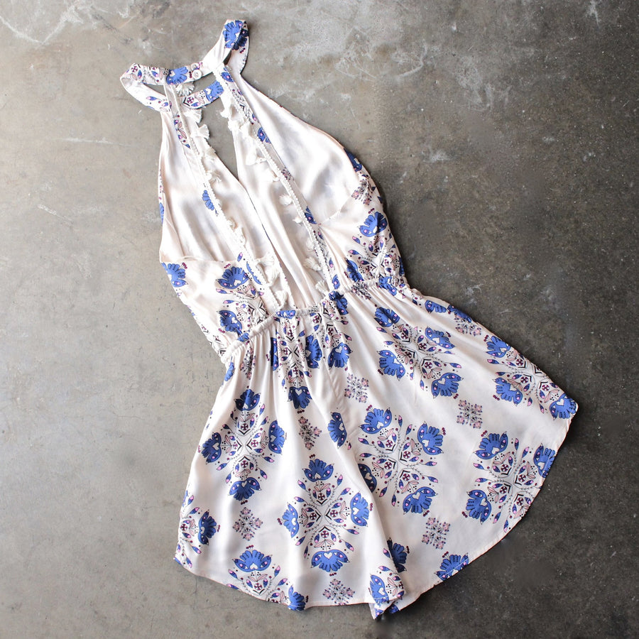 Printed Open Back Halter Romper With Tassels Detailing – Shop Hearts