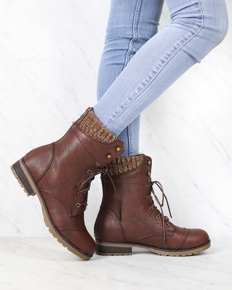 Combat Sweater Winter Boots Mid Calf Foldover Cable Knit WYNNE-06 ...