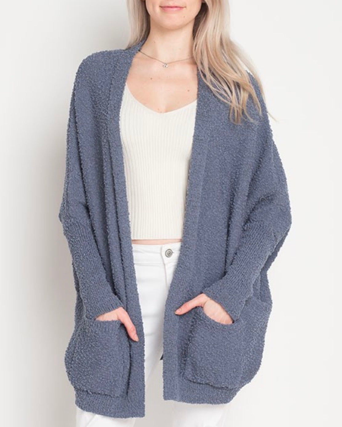 Open Fuzzy Cardigan with Pockets in Blue – Shop Hearts