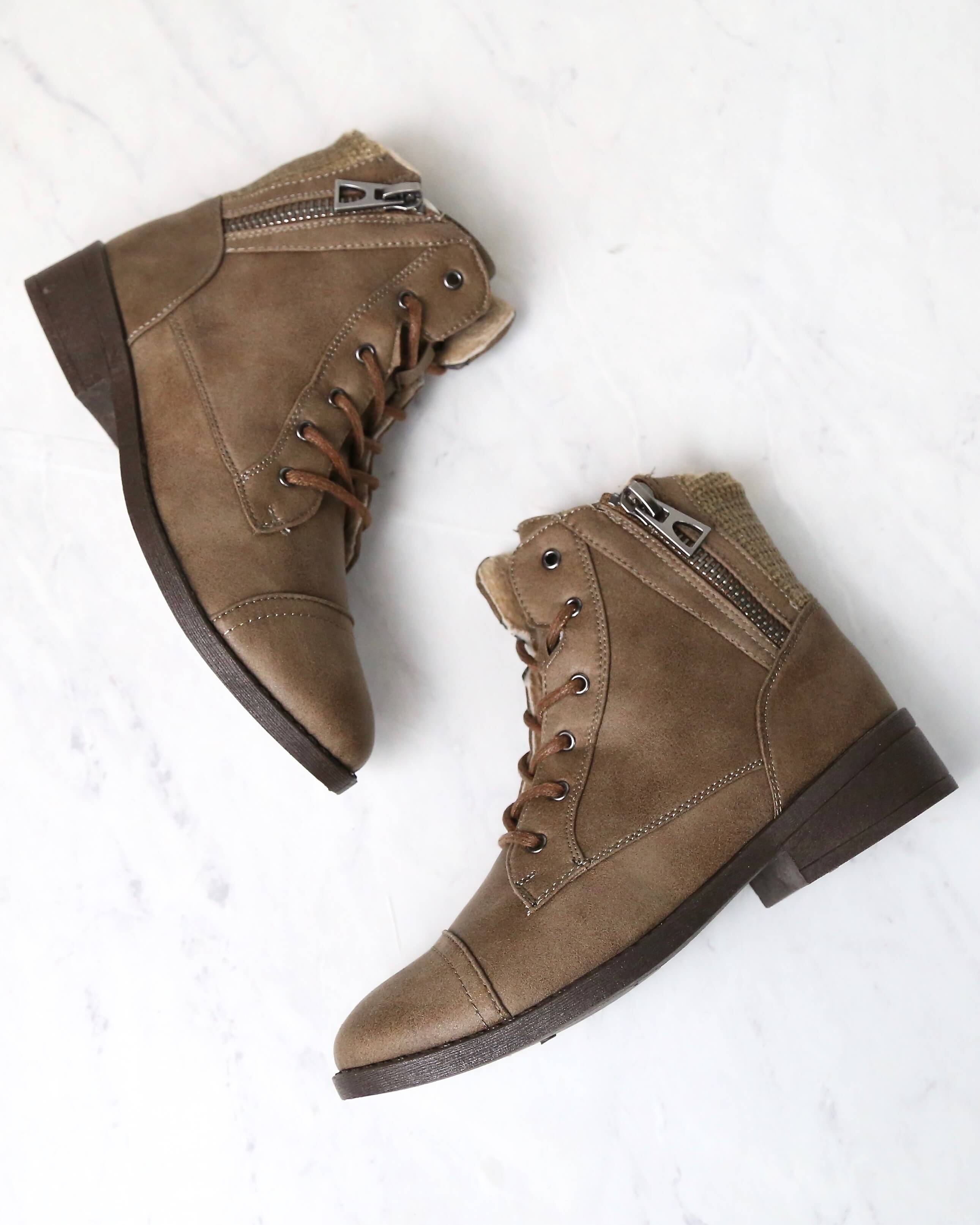 Ankle Sweater Cuff Bootie With Side Zipper Taupe Qupid Plateau-121B ...