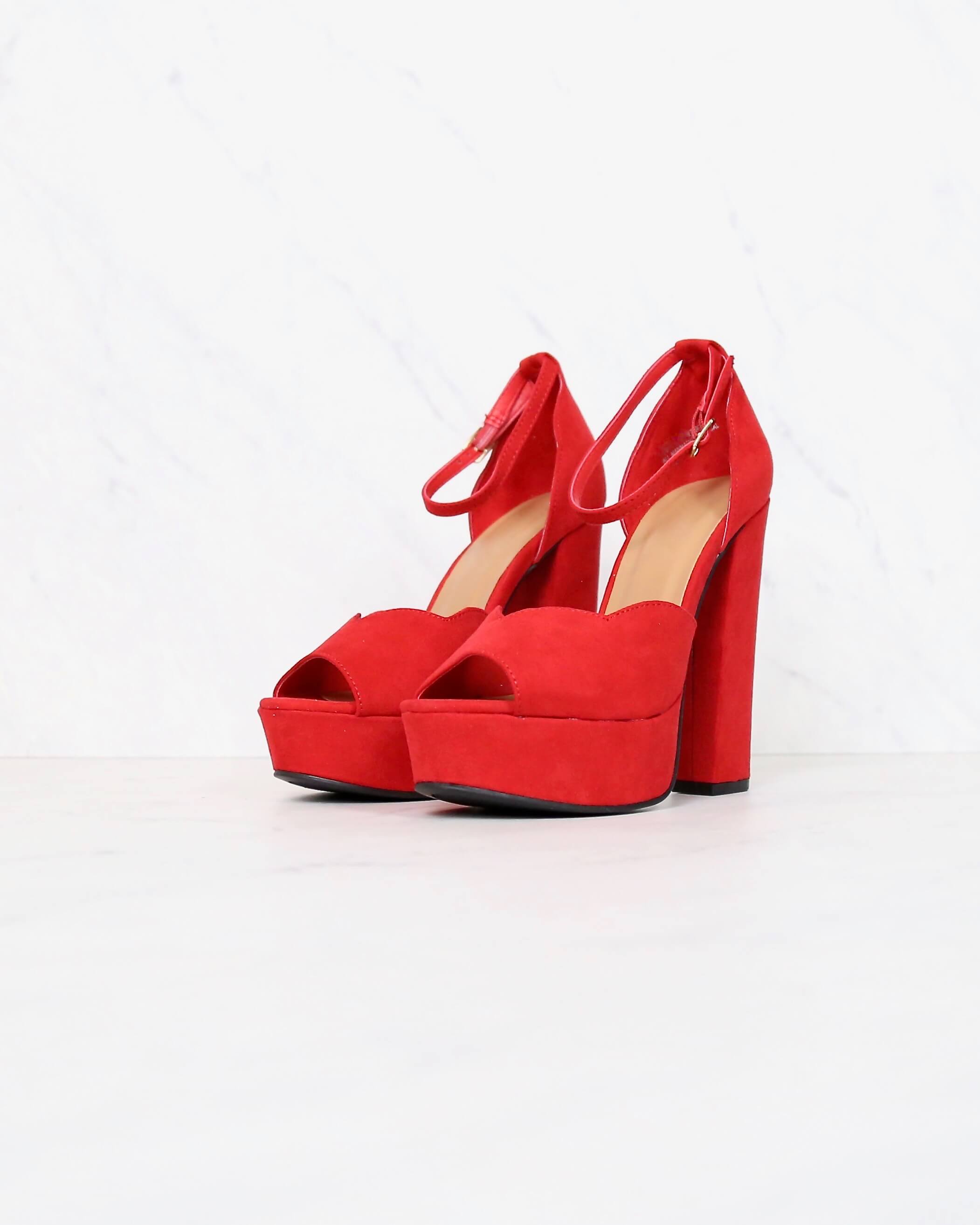 Red Valentine Date Night Suede Ankle Strap High Heel Sandals Bamboo ...