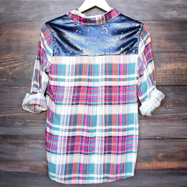 Final Sale - Button Up Plaid Shirt with Dazzling Blue Sequins – Shop Hearts