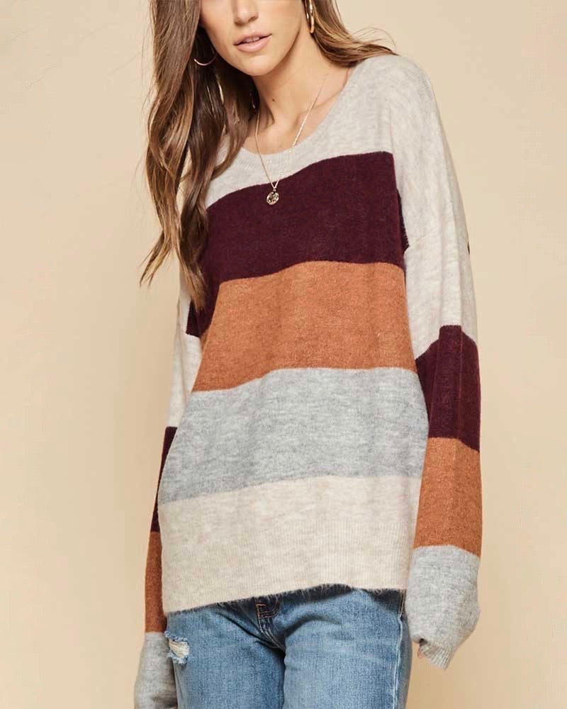 Soft Trendy Colorblock Round Neck Fall Winter Oversized Sweater Rust ...