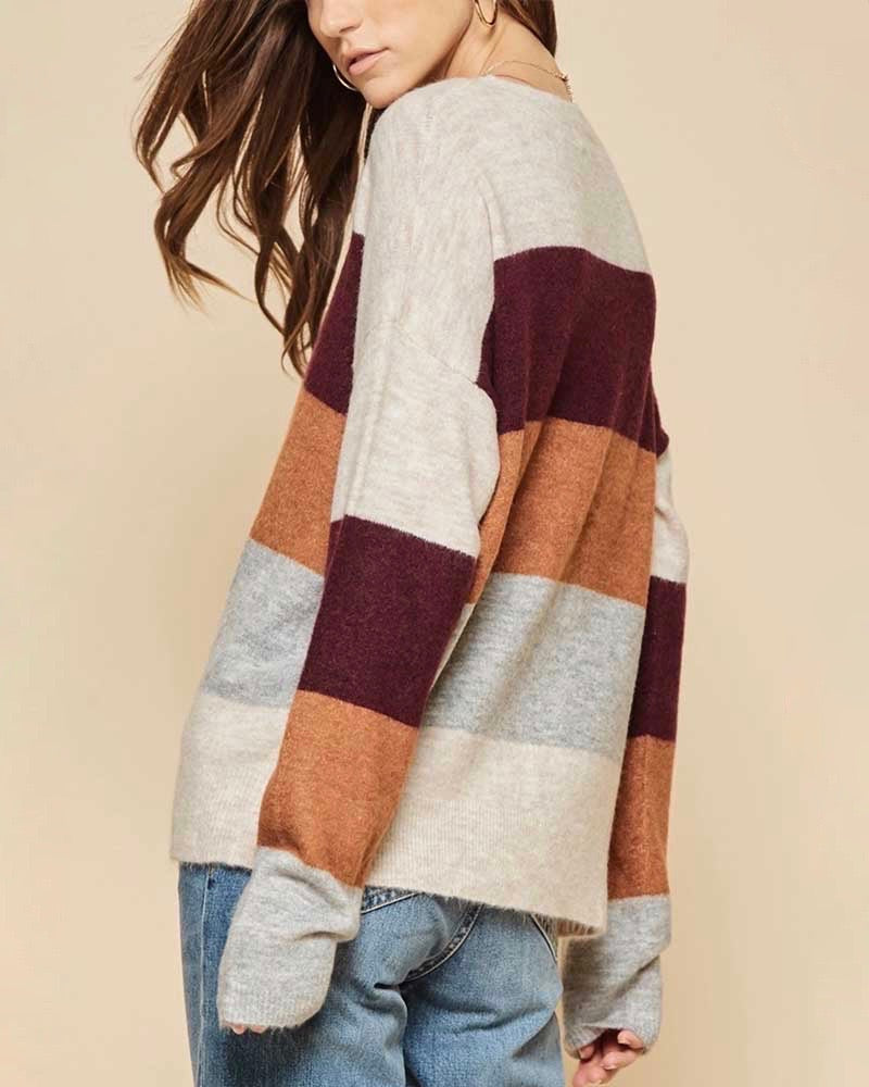 Soft Trendy Colorblock Round Neck Fall Winter Oversized Sweater Rust ...