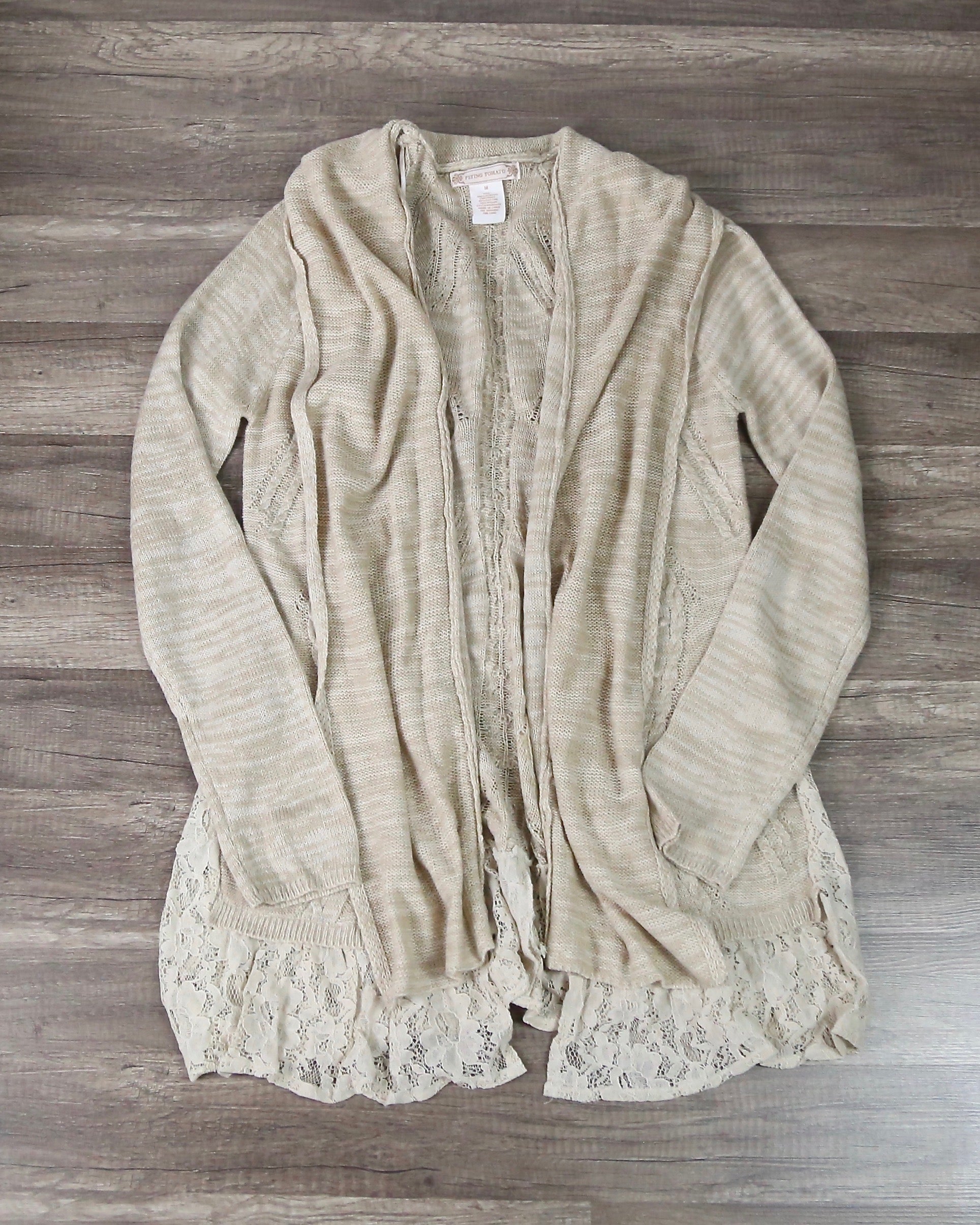 Women's Open Front Lightweight Knit Cardigan with Lace Hem in Beige ...