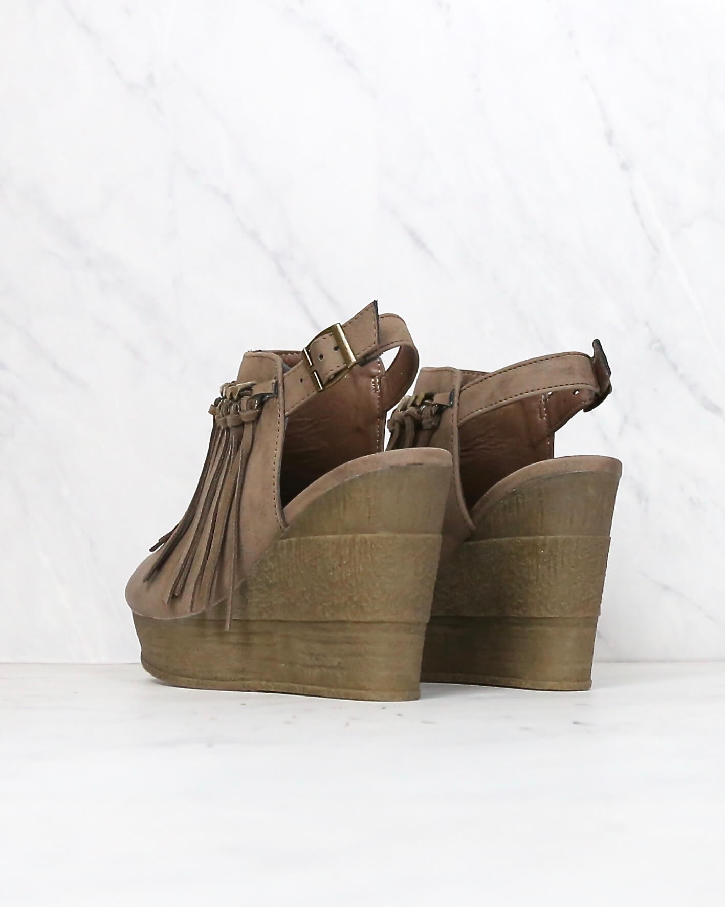 Sbicca - Allegretto Fringe Platform Wedges in Taupe – Shop Hearts
