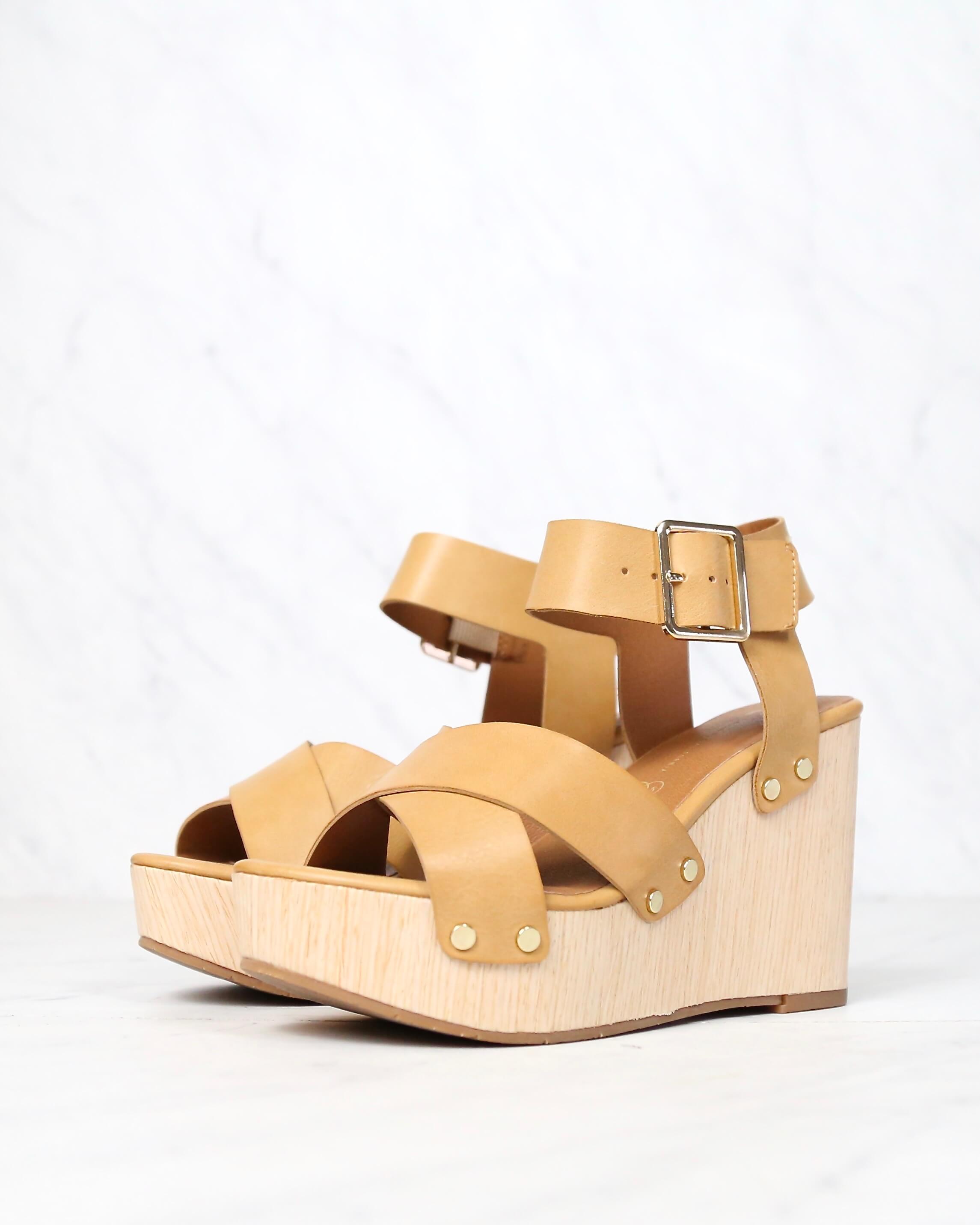 Final Sale - BC Footwear - Teeny Vegan Platform Wedge Sandals - Tan ...