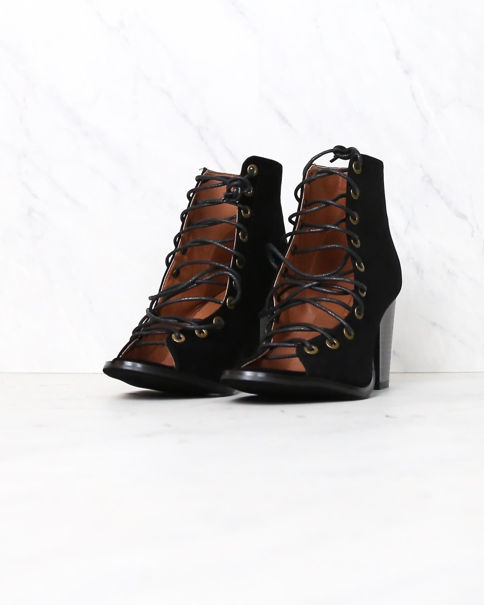 Open Toe Lace Up Ankle Booties Back Zipper Block Chunky Heel Boots ...