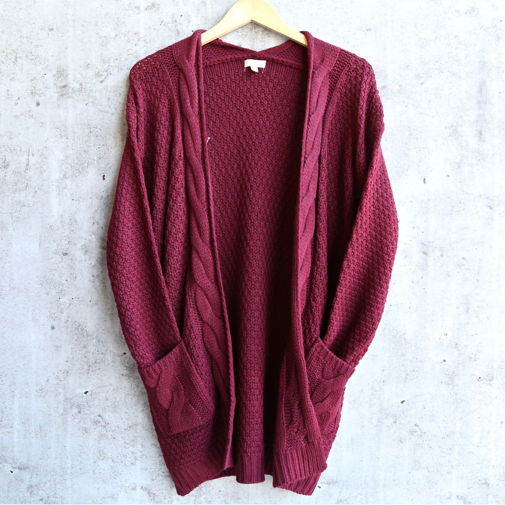 Womens Cable Knit Open Cardigan Sweater burgundy | Dreamers by Debut ...