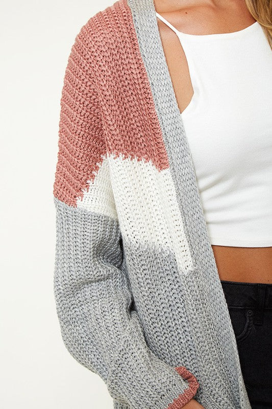 Open Front Longline Colorblock Knit Cardigan with Pockets in Mauve/Mul ...