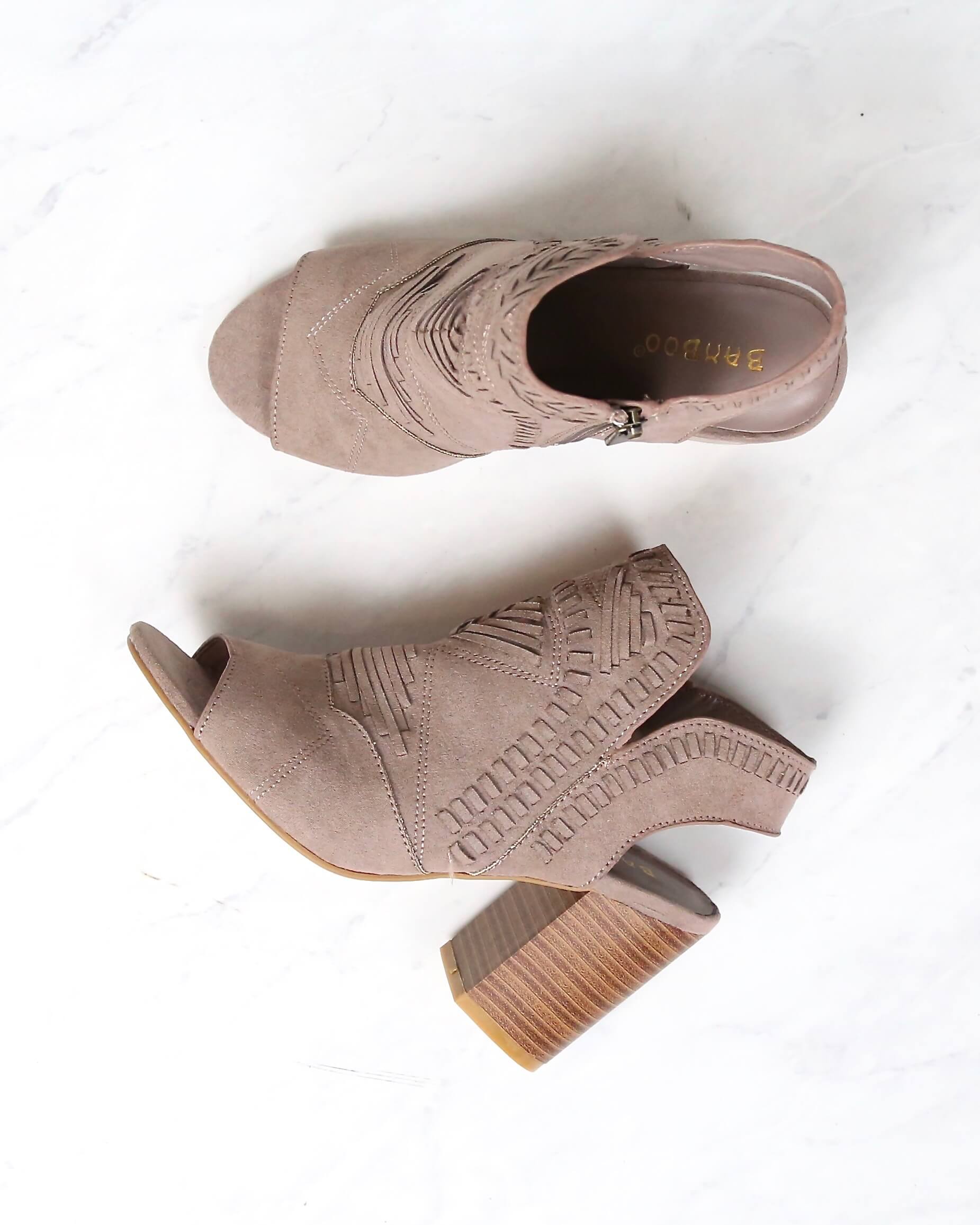 Topstitch Woven Peep Toe Boho Chic Stacked Chunky Heel Booties in Taup ...