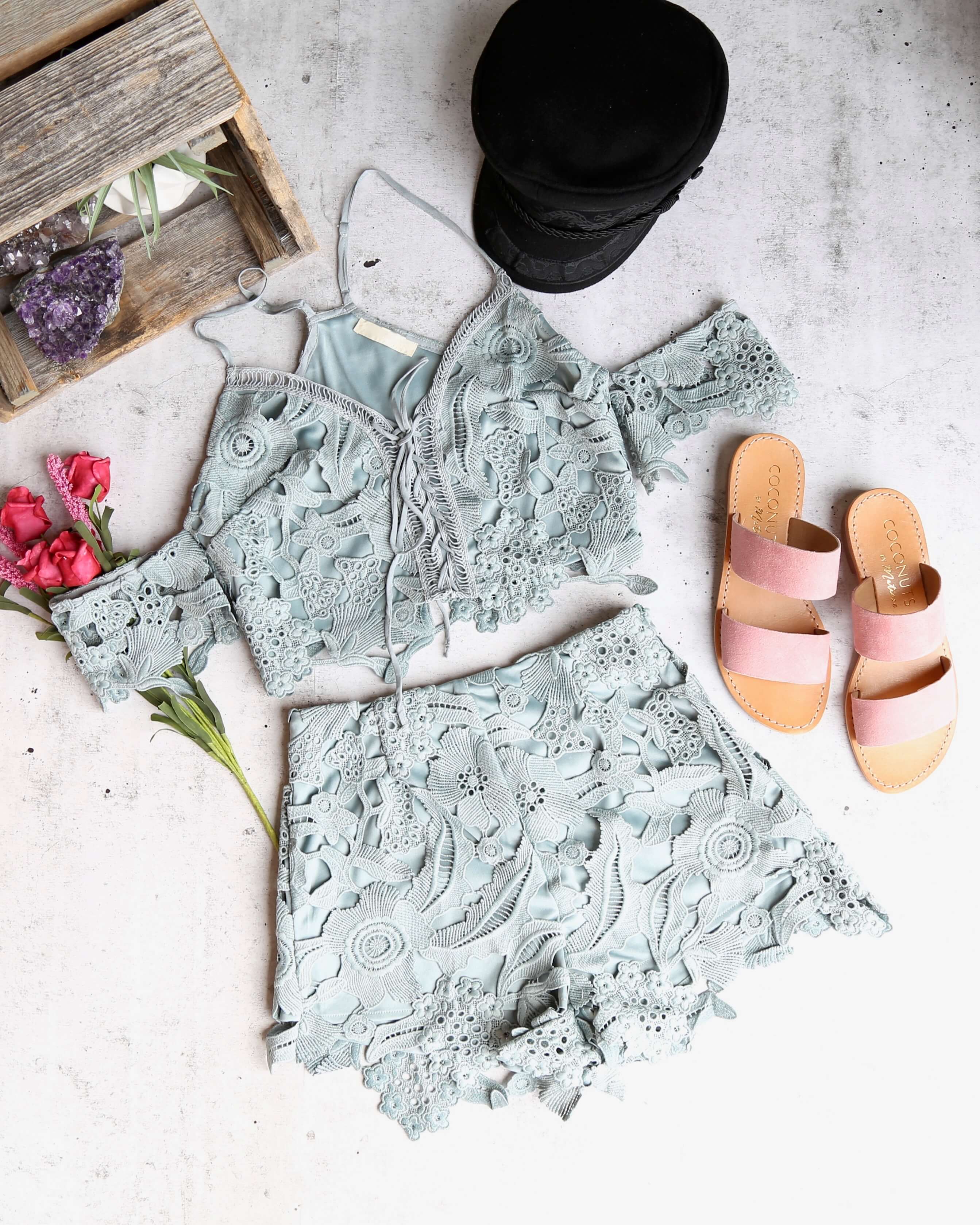 Wanderlust Floral Lace Off The Shoulder Two Piece Set in Slate Blue ...