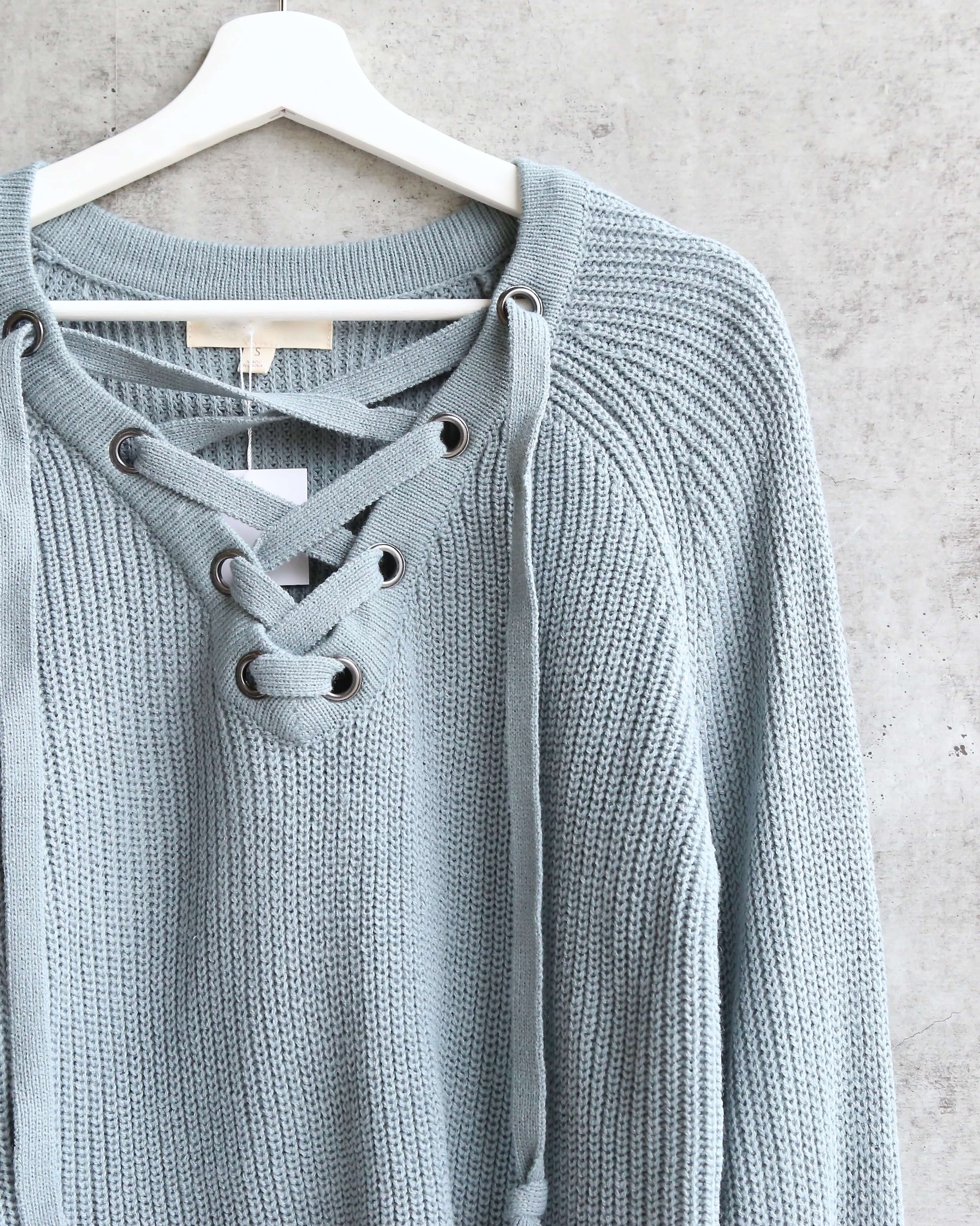 Lace Up Grommet Knit Sweater in Sage – Shop Hearts